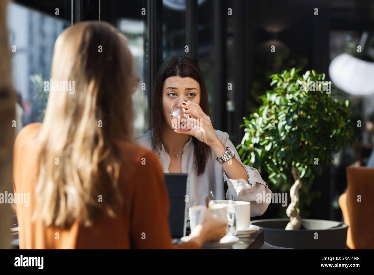 Two young business women in a cafe having one on one meeting. Friends ...