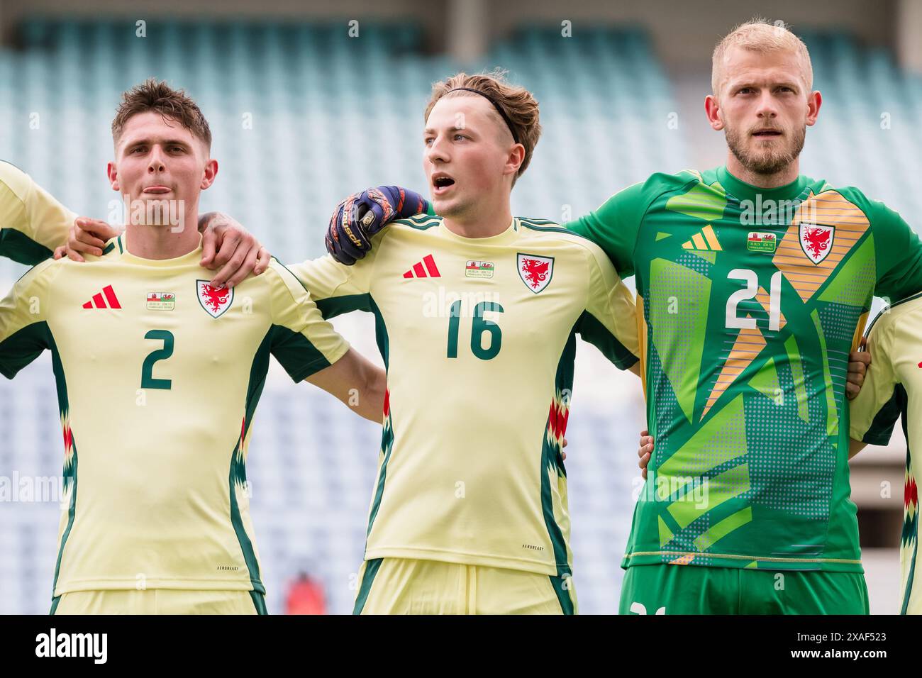 ALGARVE, PORTUGAL - 06 JUNE 2024: Wales' Fin Stevens, Wales' Charlie Savage and Wales ...