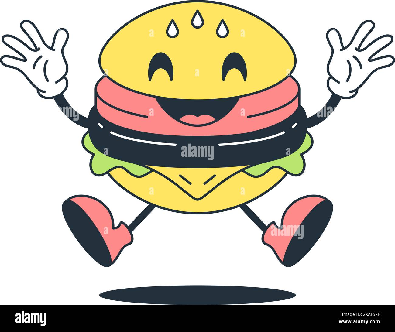 Funny burger jumping greeting gesture cute cartoon character comic ...