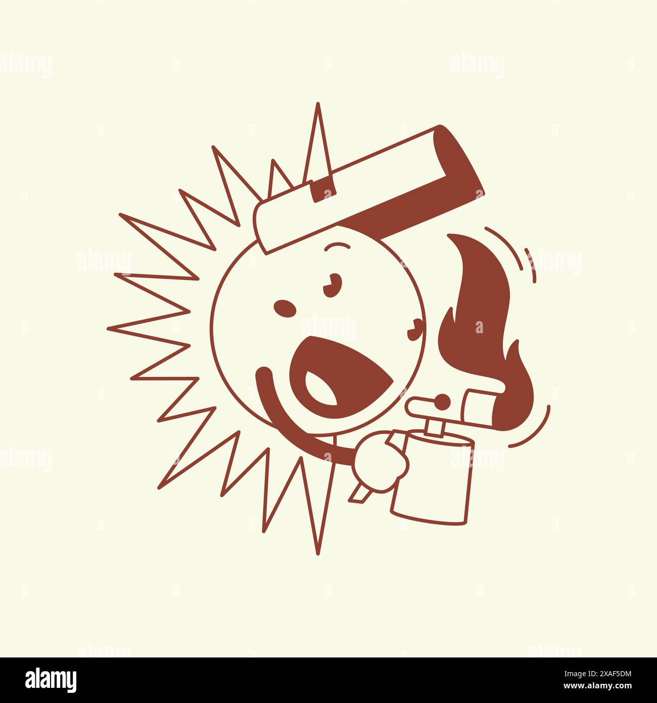 Funny sun character in face protective shield gas burner comic mascot ...