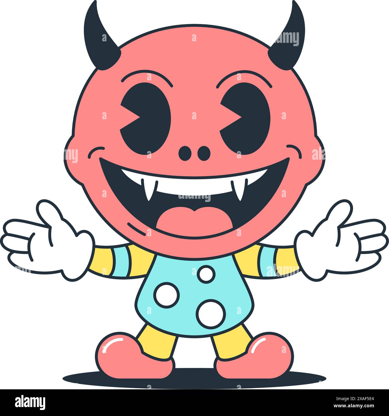 Funny baby devil cute little horned monster greeting gesture cartoon ...