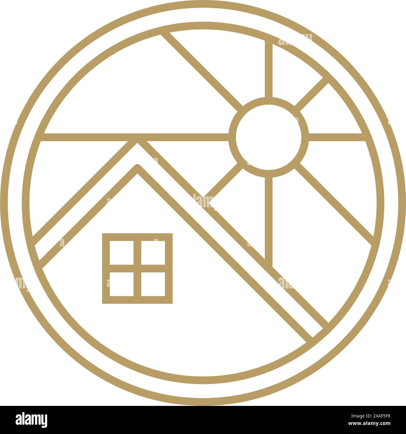 Rustic house roof bright sun beams golden frame line art vintage icon ...