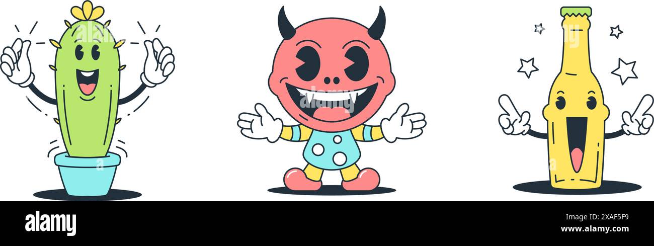 Cute baby devil funny cactus party bottle cartoon character set retro ...