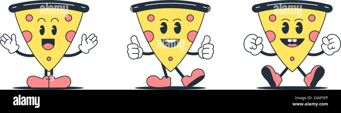 Cheerful smile pizza triangle piece cartoon character set retro 30s ...