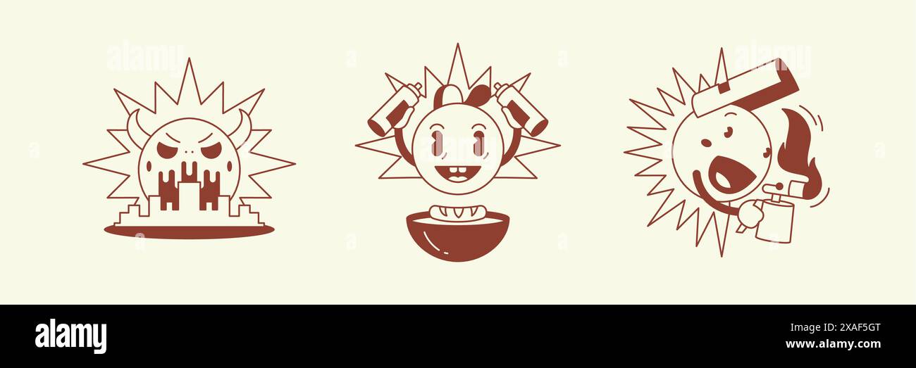 Cute sun cartoon character angry sunrise eating warm heat summer set ...