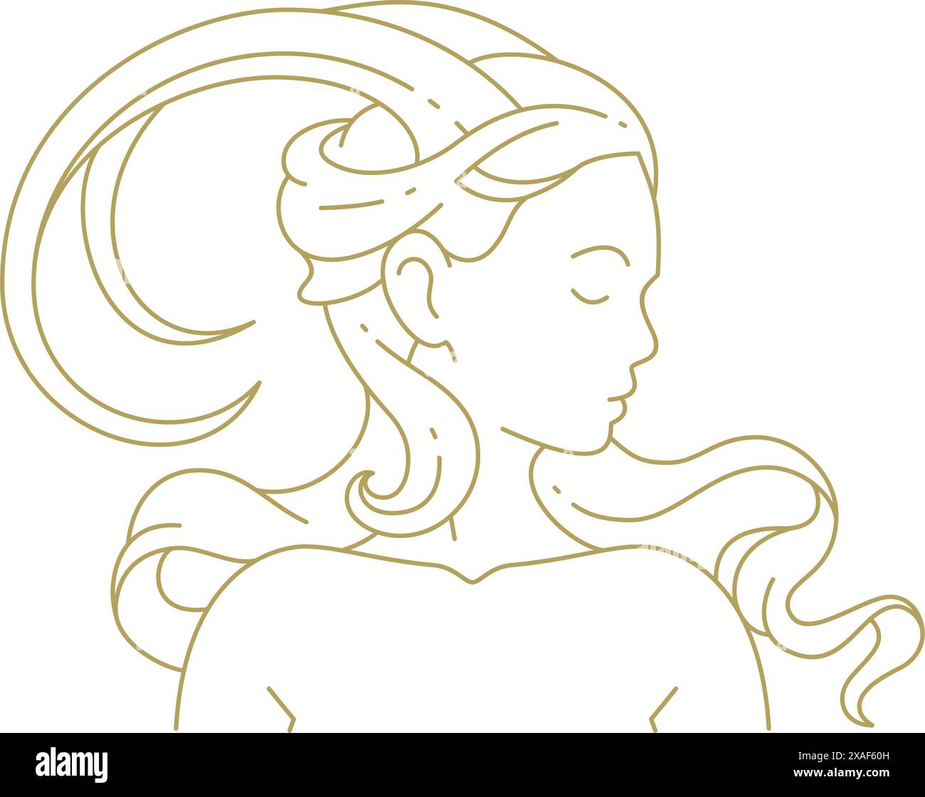 Romantic horned woman antique goddess waving hair portrait line art ...