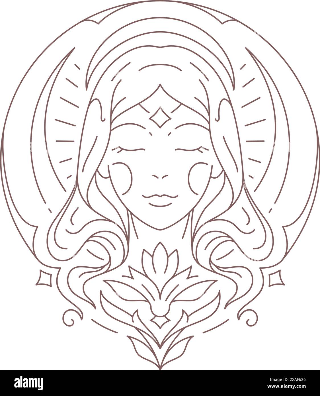 Spiritual sacred woman portrait with lotus flower and half moon line ...