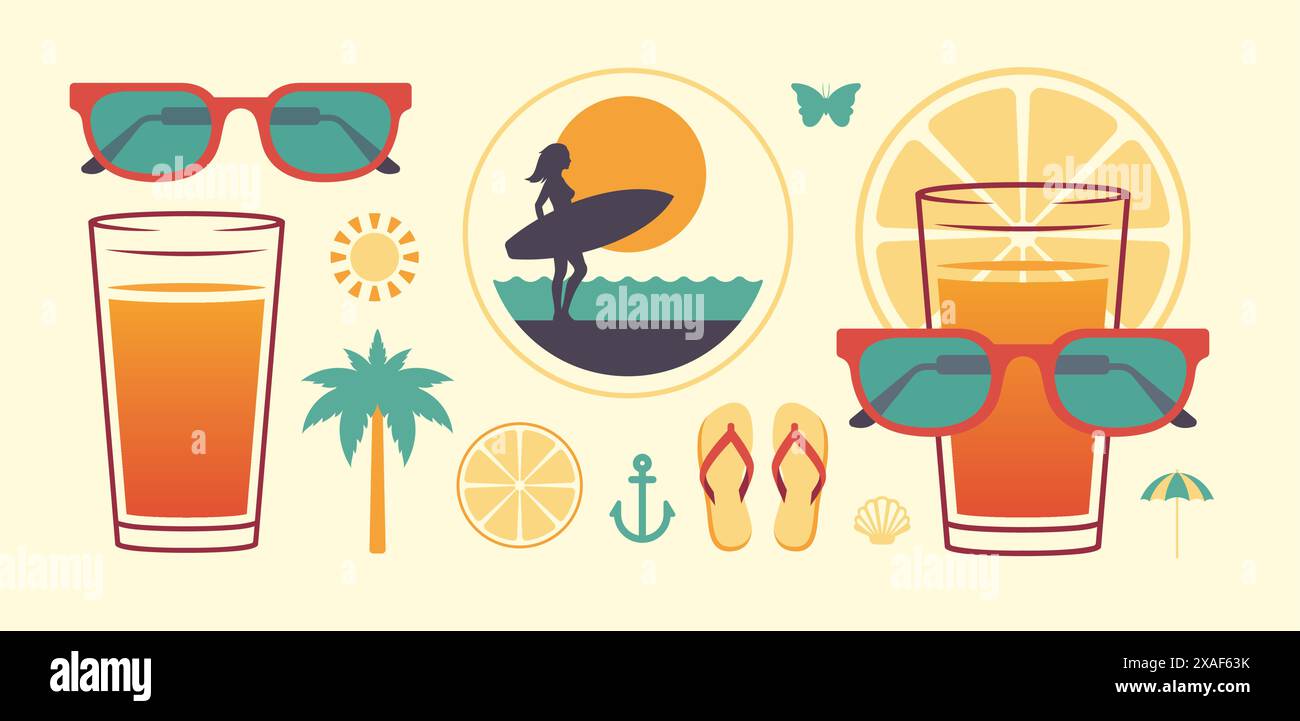 Summer retro clipart set lifestyle travel vacation badge sticker 80s ...