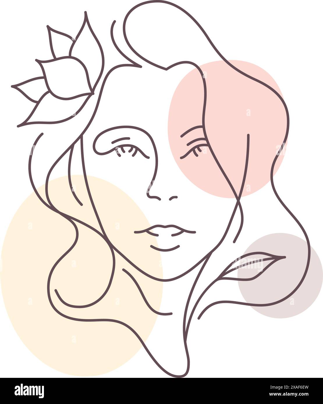 Female portrait with flower hairstyle pastel color spots one continuous ...