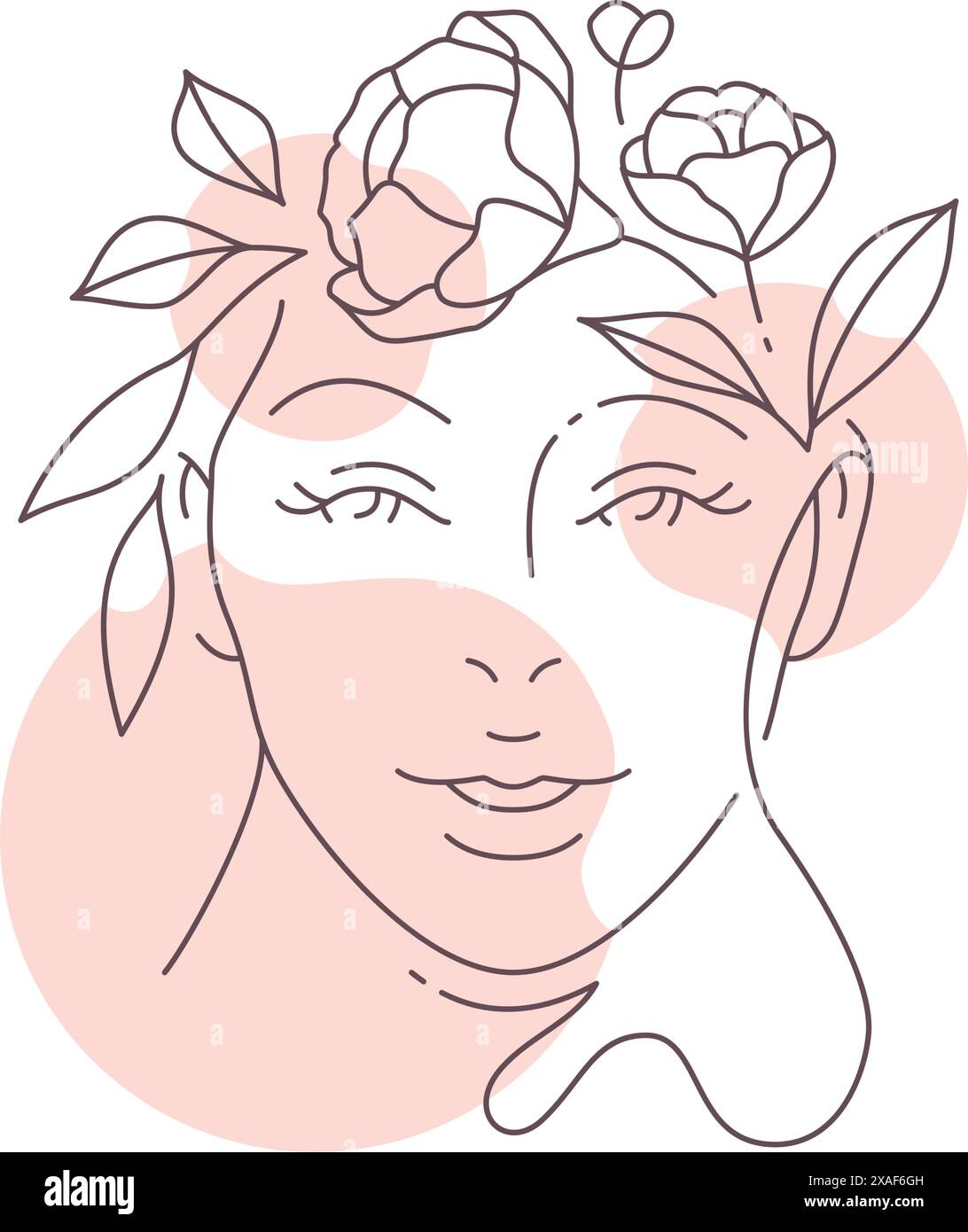 Woman face flower wreath hairstyle with pink pastel spots continuous ...