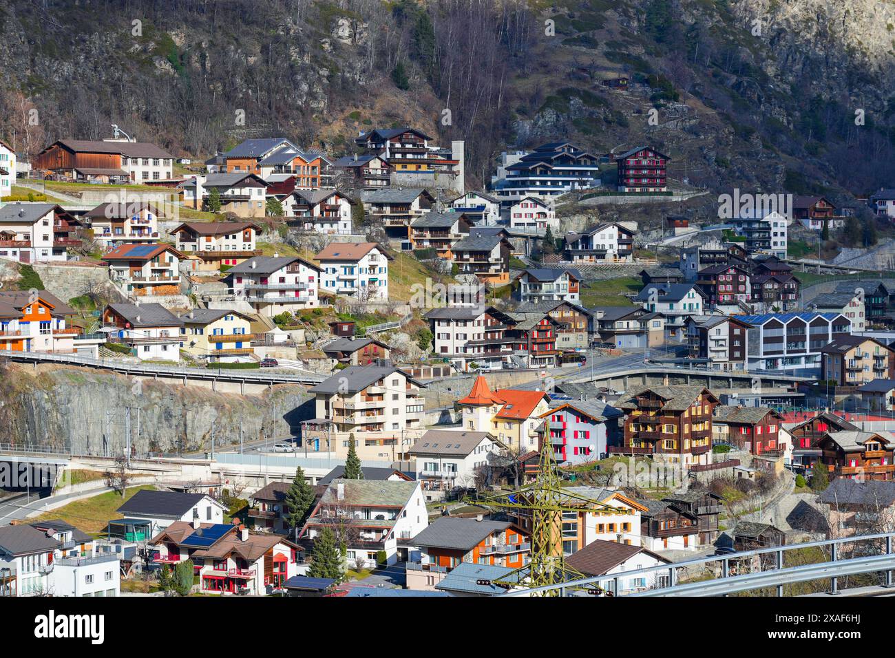 Aerial view of Stalden, a mountainous village of the Visp district ...