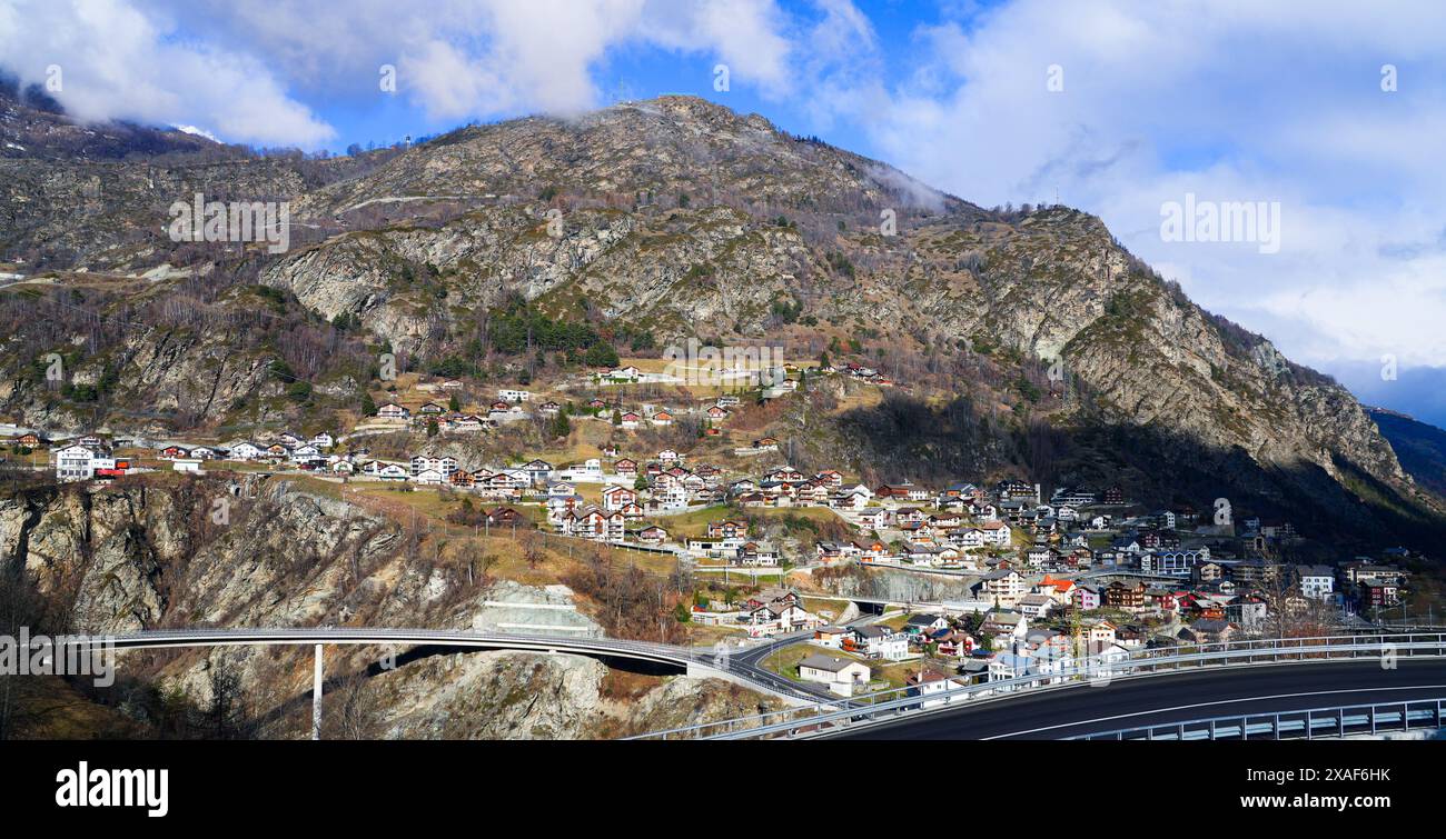 Aerial view of Stalden, a mountainous village of the Visp district ...