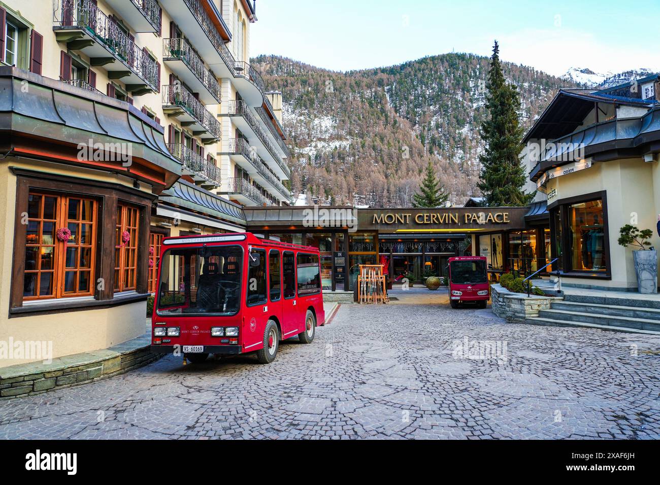 Entrance of the Mont Cervin Palace hotel in the luxury car-free ski ...