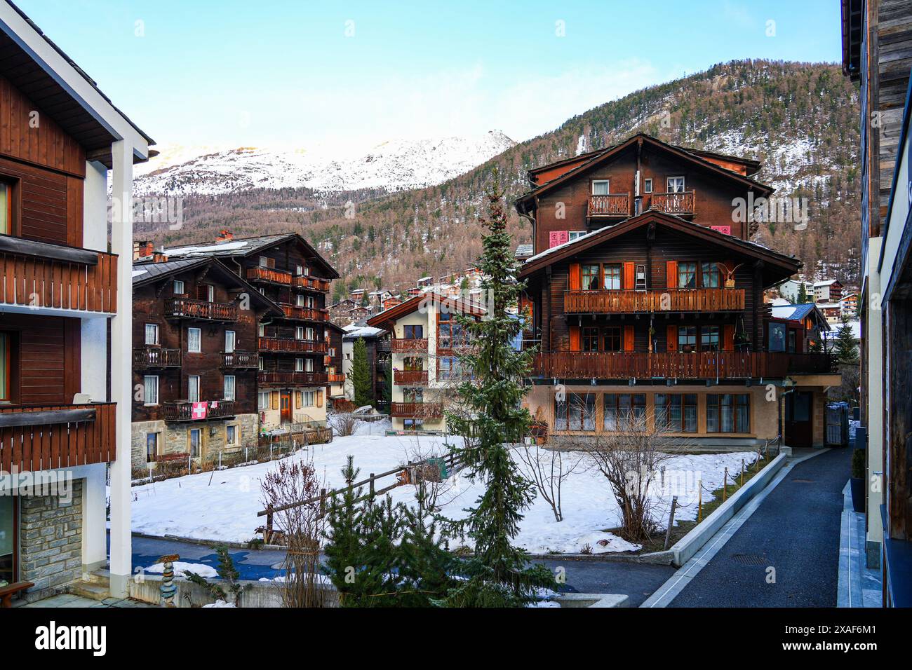 Wooden chalet in the car-free ski resort of Zermatt in the Canton of ...
