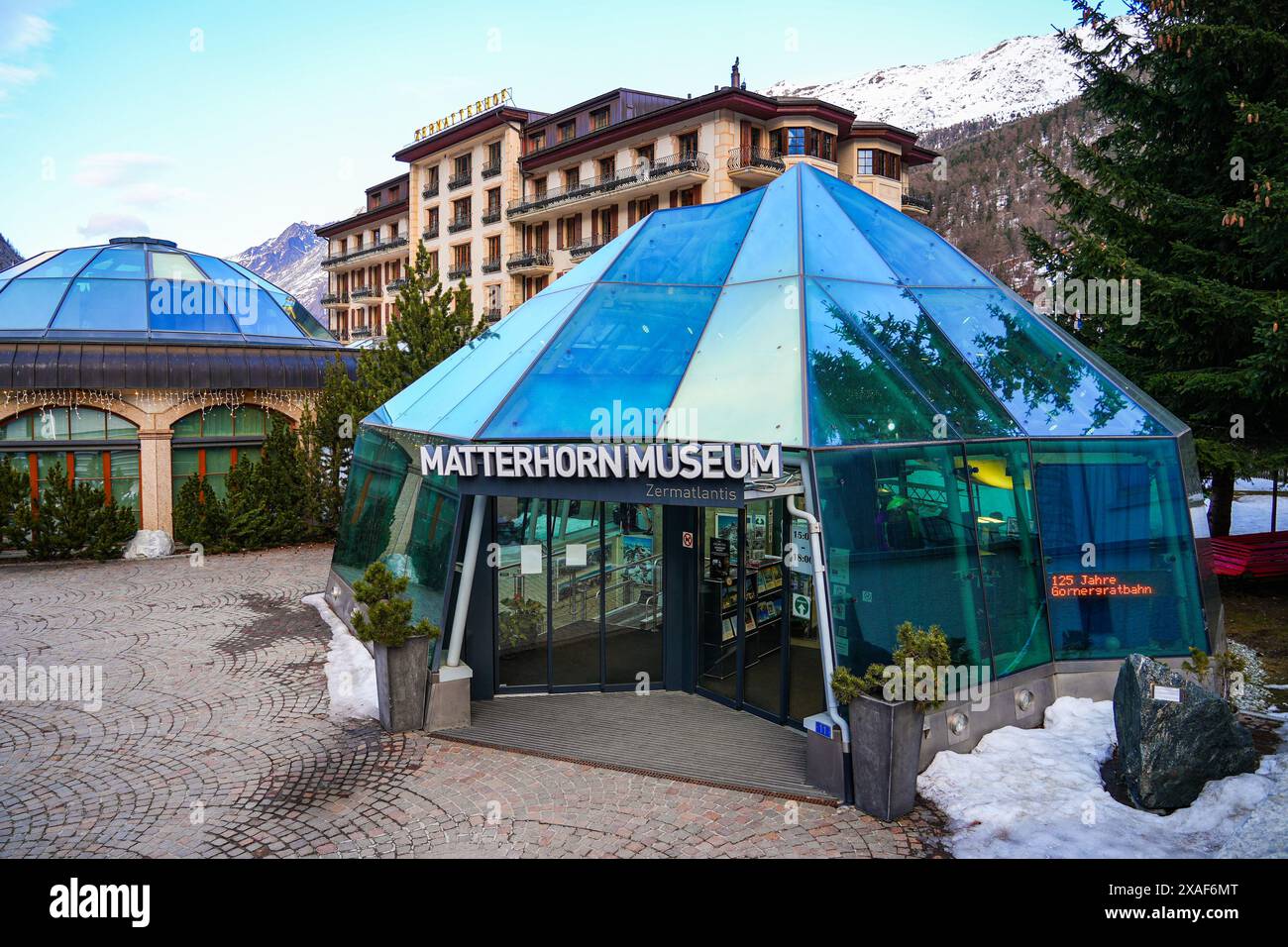 Entrance of the Matterhorn Museum Zermatlantis in the city center of ...