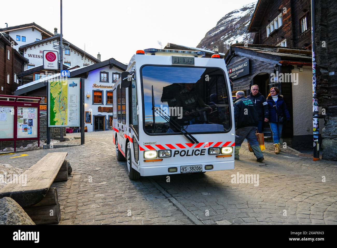 Police vehicle in the city center of the ski resort of Zermatt in the ...