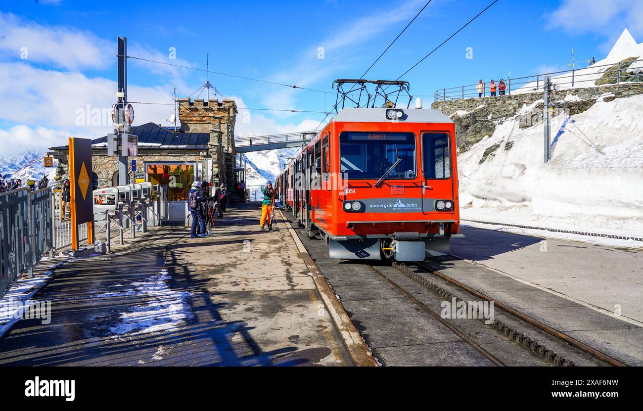 Cogwheel train locomotive at the top of the Gornergrat Railway line ...