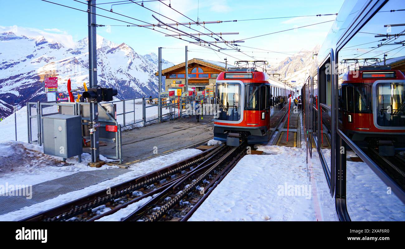 Latest generation locomotive of Gornergrat Railway in the Riffelberg ...