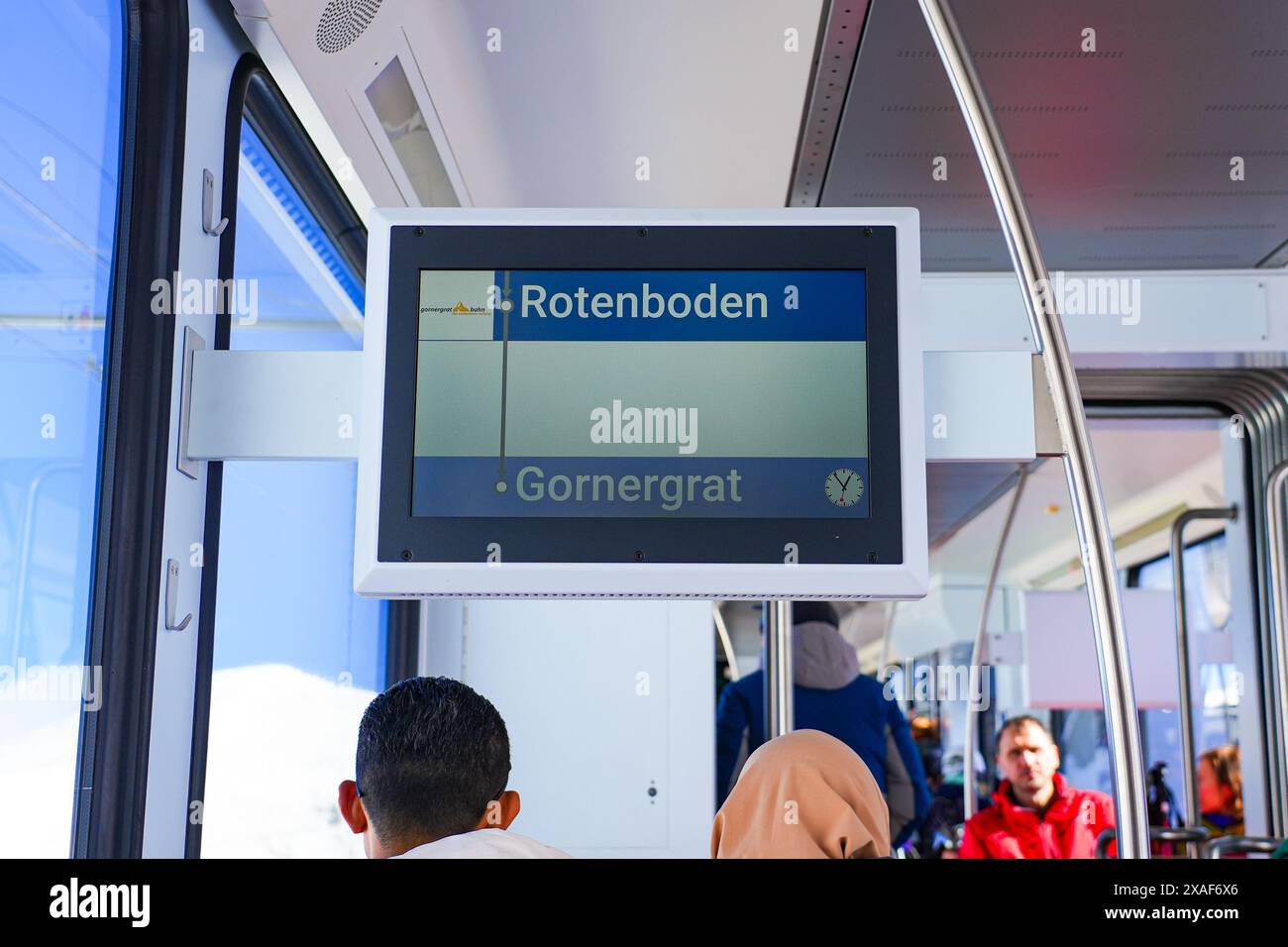 Route and destination display inside a train coach of the Gornergrat ...