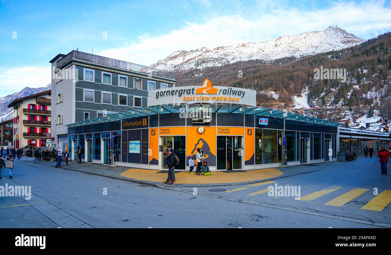 Entrance of the Gornergrat Railway train station in Zermatt, Canton of ...