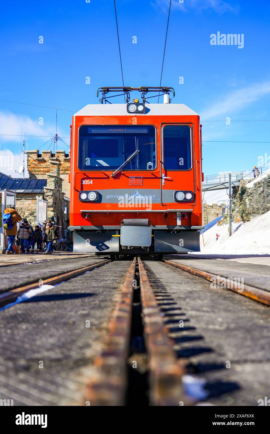 Cogwheel train locomotive at the top of the Gornergrat Railway line ...