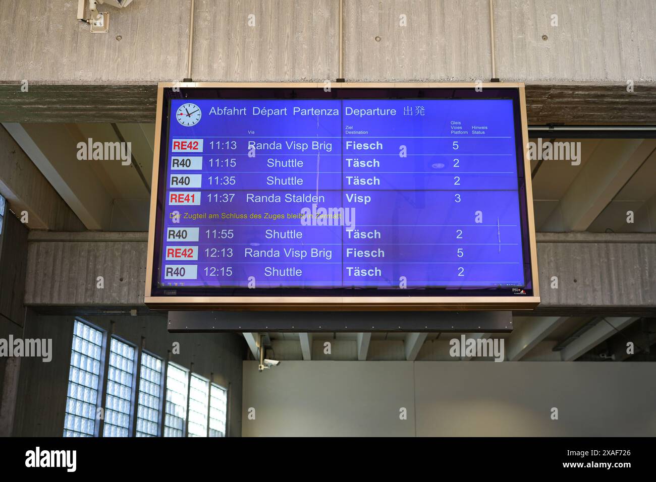 Train timestable in the station of the Zermatt Shuttle of the ...