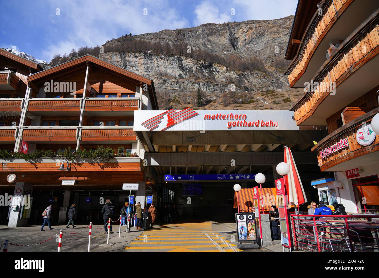 Entrance of the train station of the Zermatt Shuttle of the Matterhorn ...