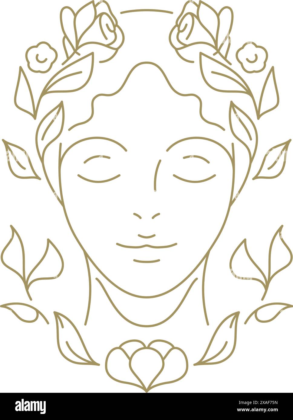 Gentle female head with flowers hair botanical blossom line art logo ...