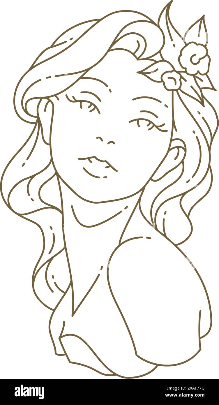 Gentle woman with flower in hair bust sculpture minimal line art logo ...