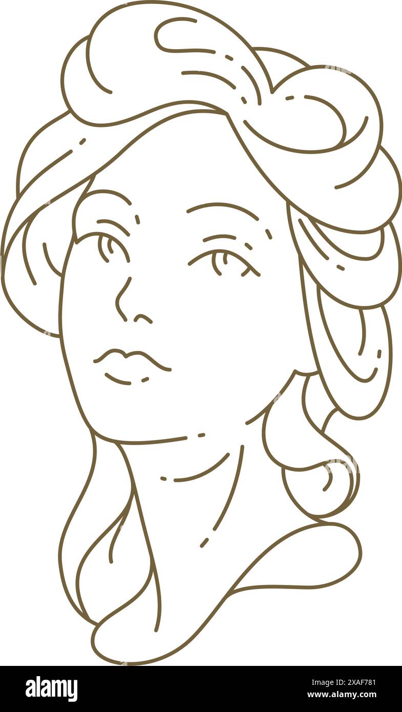 Antique female goddess head bust with beauty hairstyle minimal line art ...