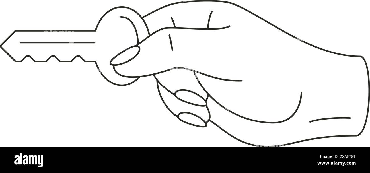 Woman hand holding key for open lock door entrance minimal line art ...