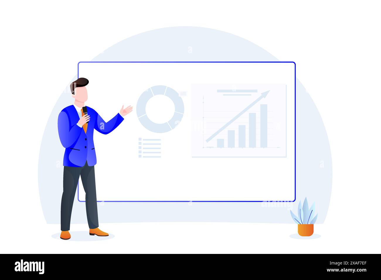 Male speaker speaks standing at presentation screen. Vector illustration of business person at ...