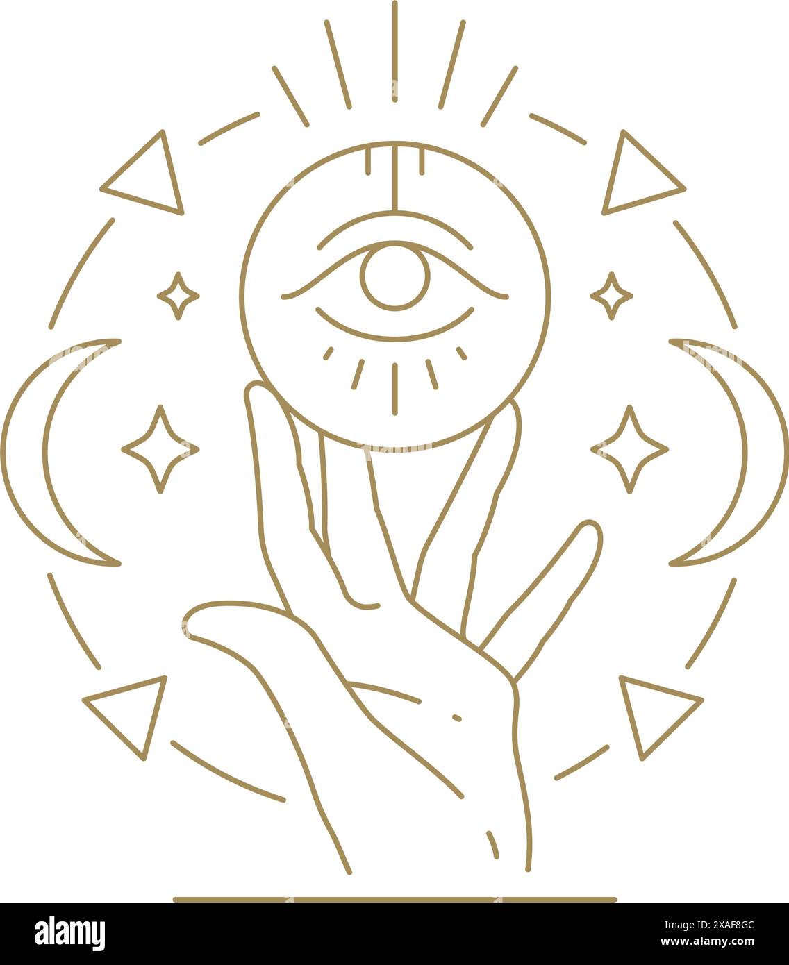 Human palm holding all seeing eye surrounded by half moon and stars ...