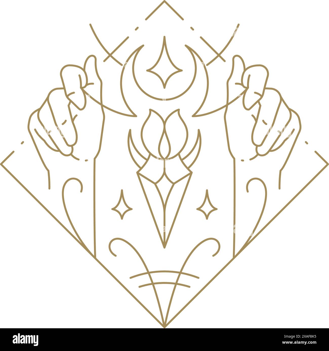 Mythic human hands holding esoteric spiritual frame half moon star and ...