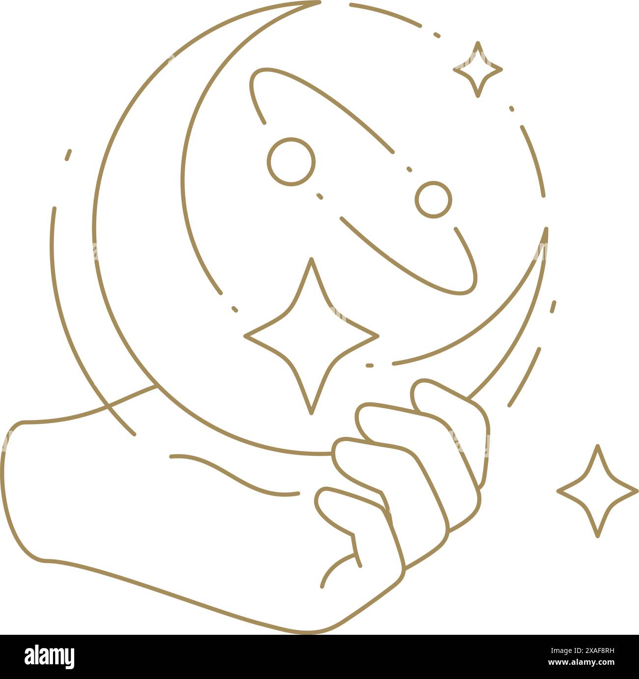 Minimalist human hand holding half moon star esoteric galaxy planet ...