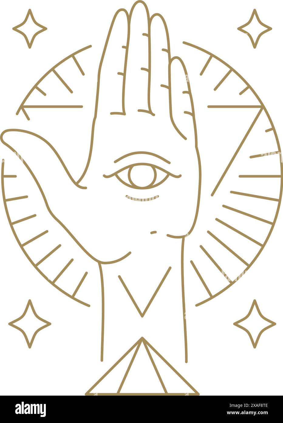 Magic human palm with all seeing eye pyramid circle triangle frame with shining stars monochrome ...