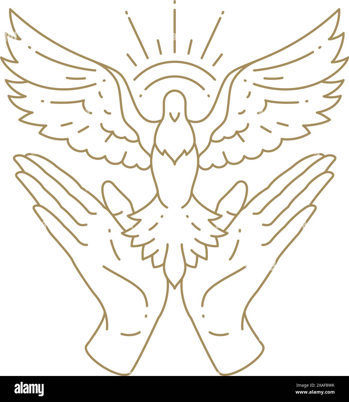 Human palms holding flying pigeon with sun light symbol esoteric ...
