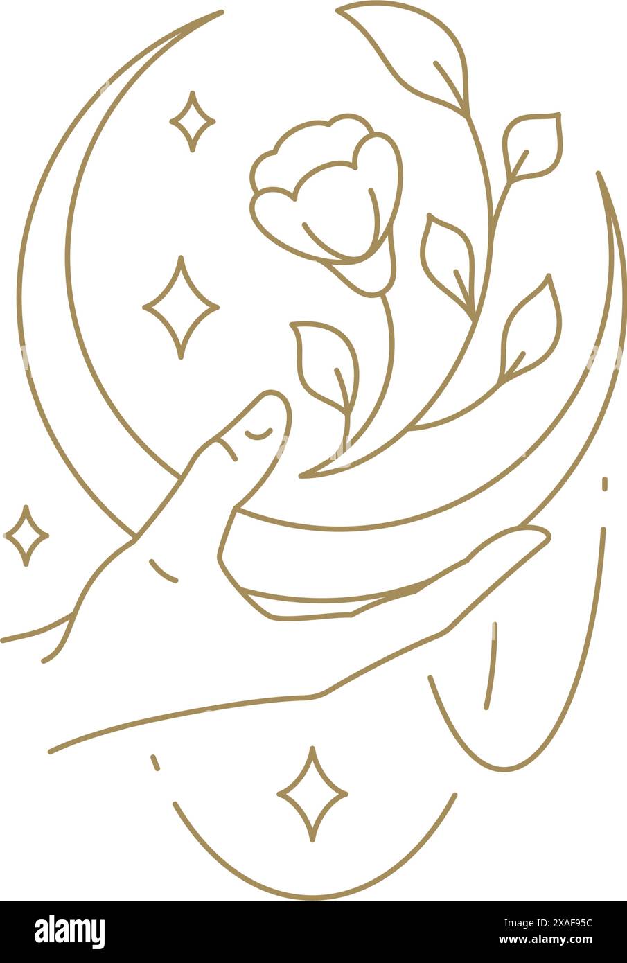 Romantic human hand holding half moon with organic natural flower line ...