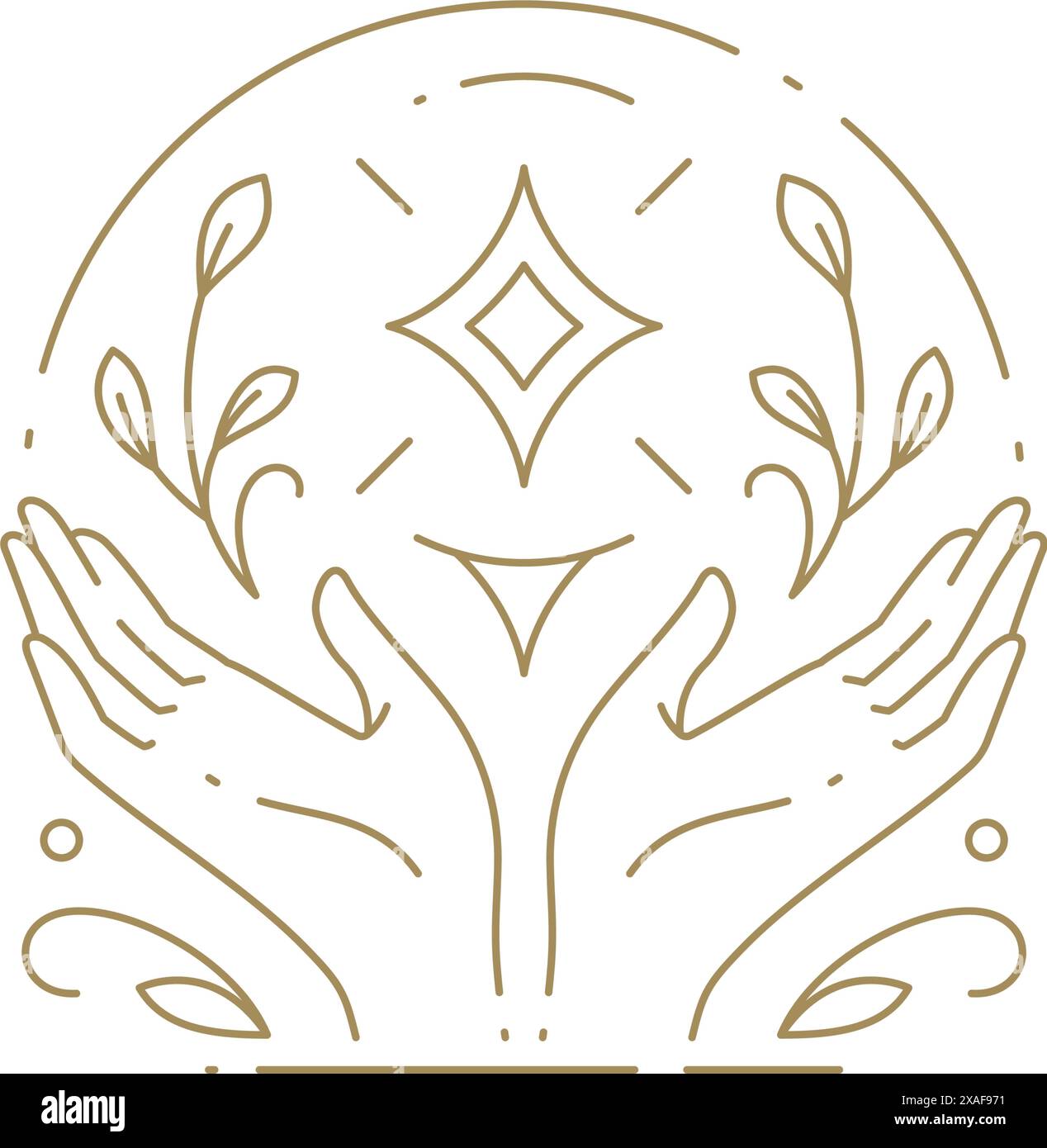 Spiritual human hands holding glow gem circle sphere botanical frame ...
