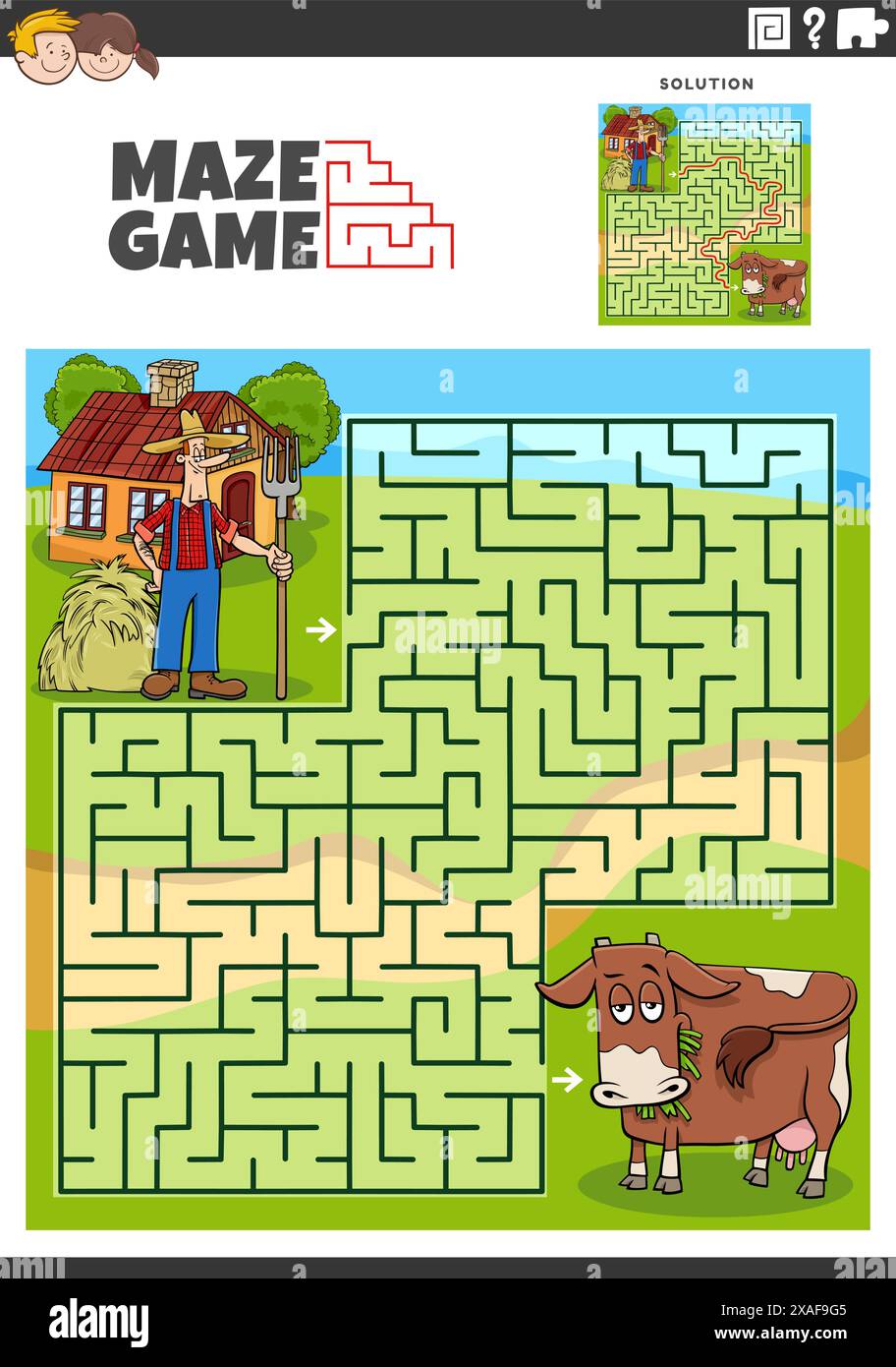 Cartoon illustration of educational maze puzzle game with farmer and ...