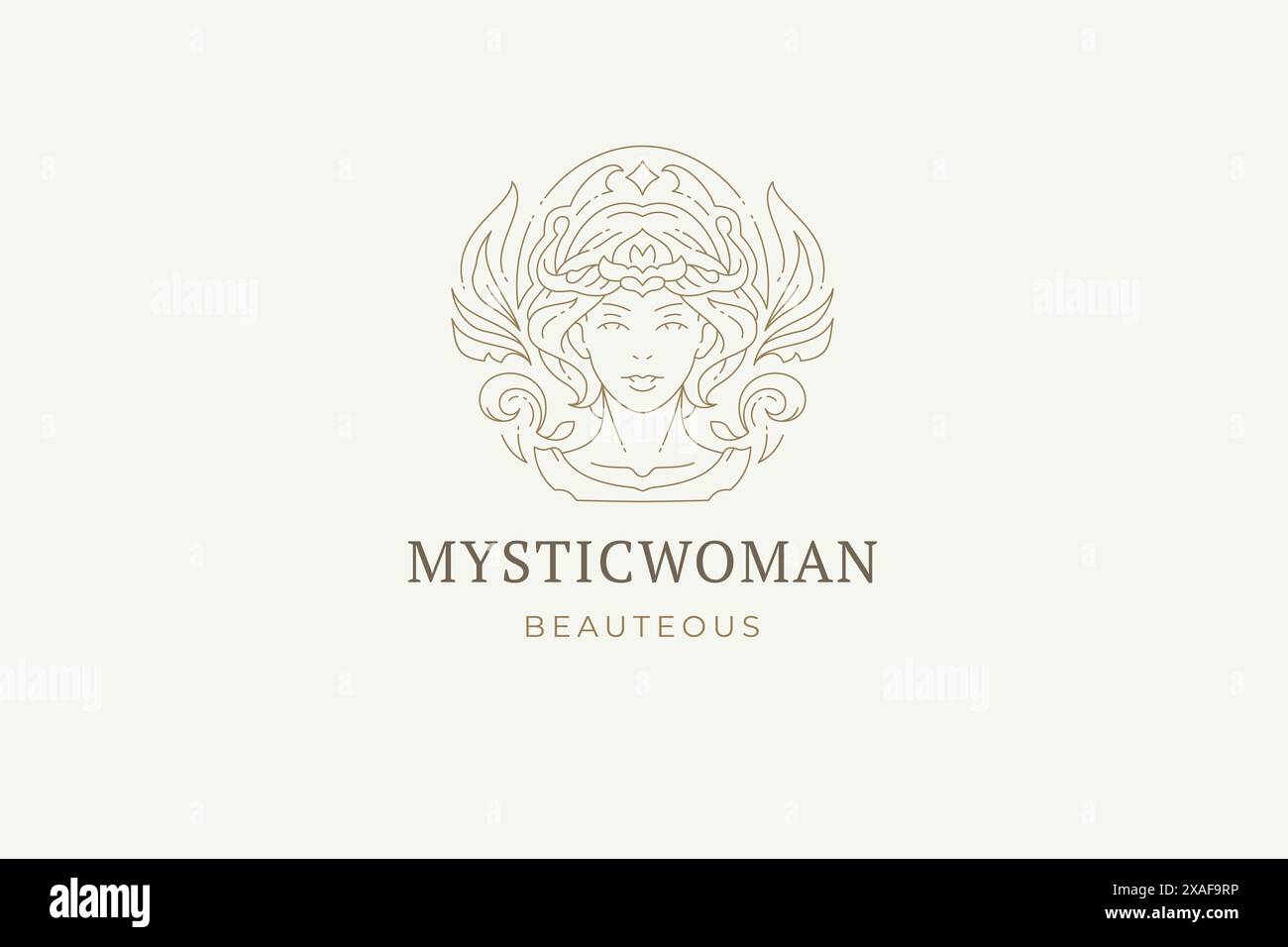 Fantasy mystic woman portrait abstract floral hairstyle line art logo ...