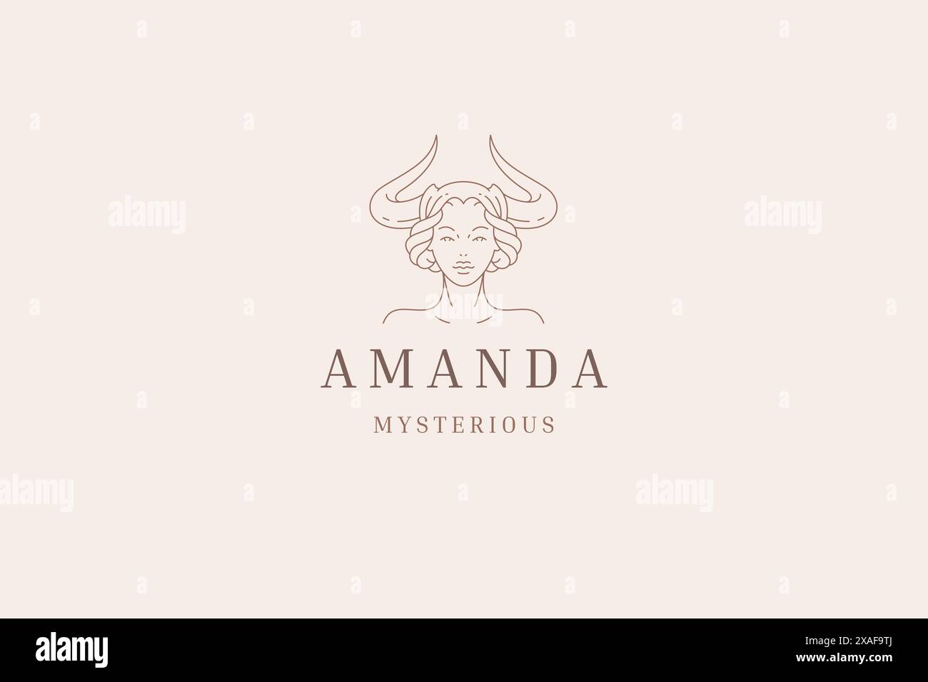 Horned mysterious woman goddess witch portrait elegant silhouette line ...