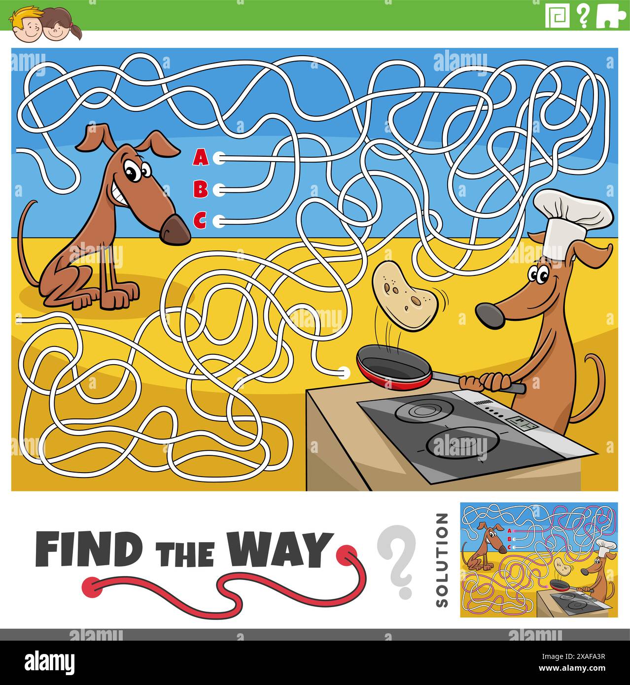 Cartoon illustration of find the way maze puzzle activity game with ...