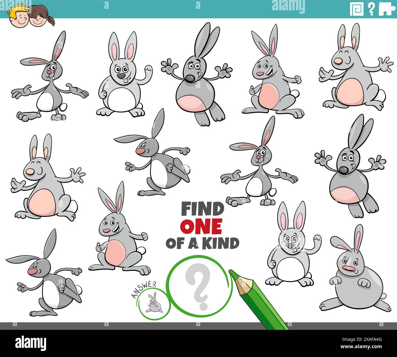 Cartoon illustration of find one of a kind picture educational game ...