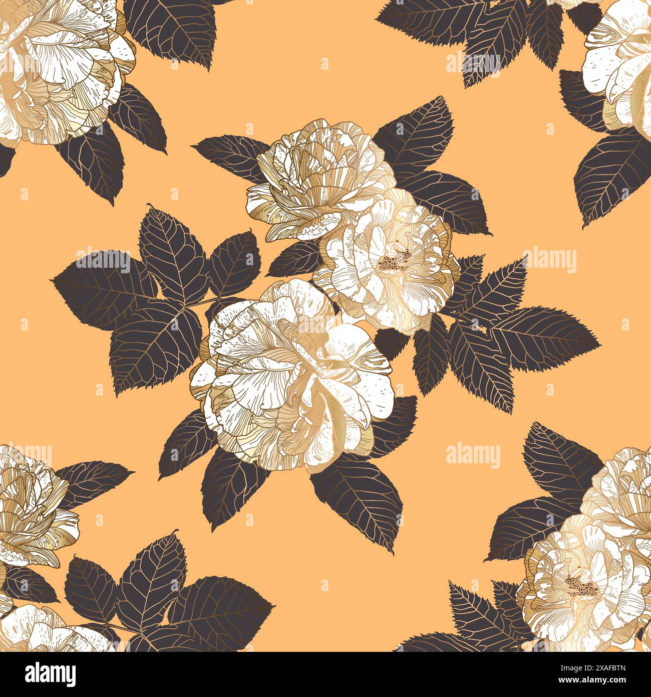 Seamless Luxury Half Drop Pattern with White and Gold Roses and Dark ...