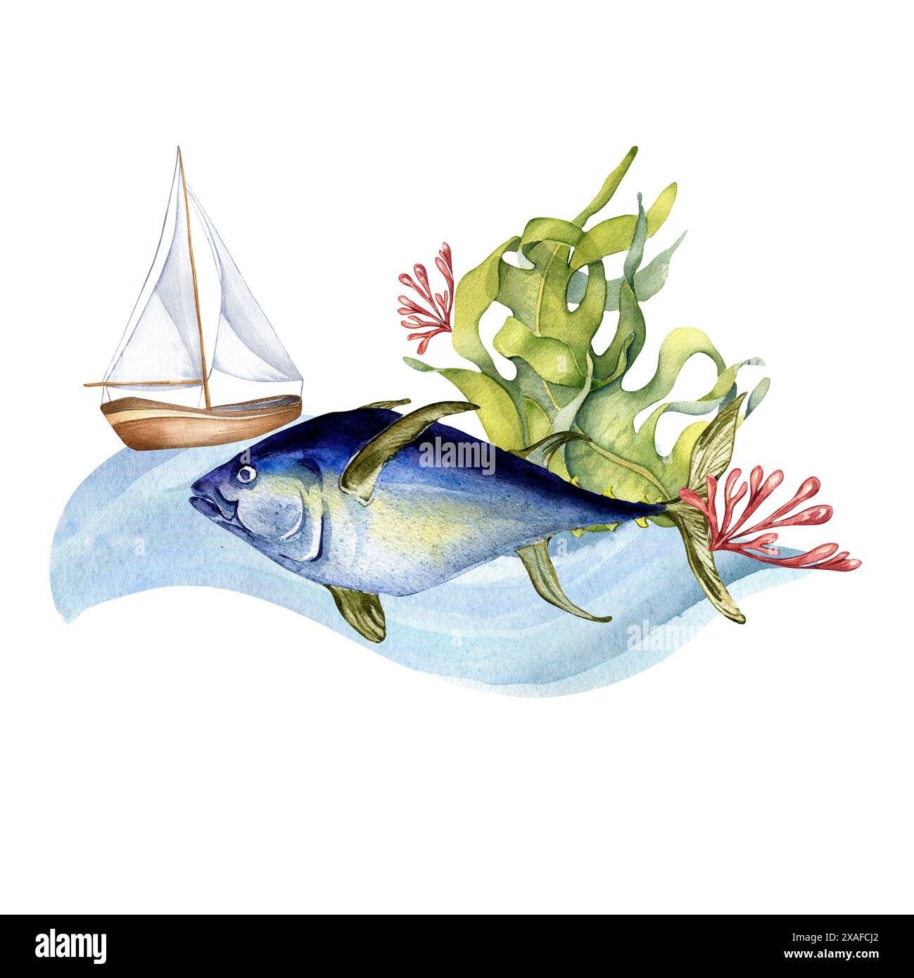 Large blue fish swimming among green seaweed and red coral, with a ...