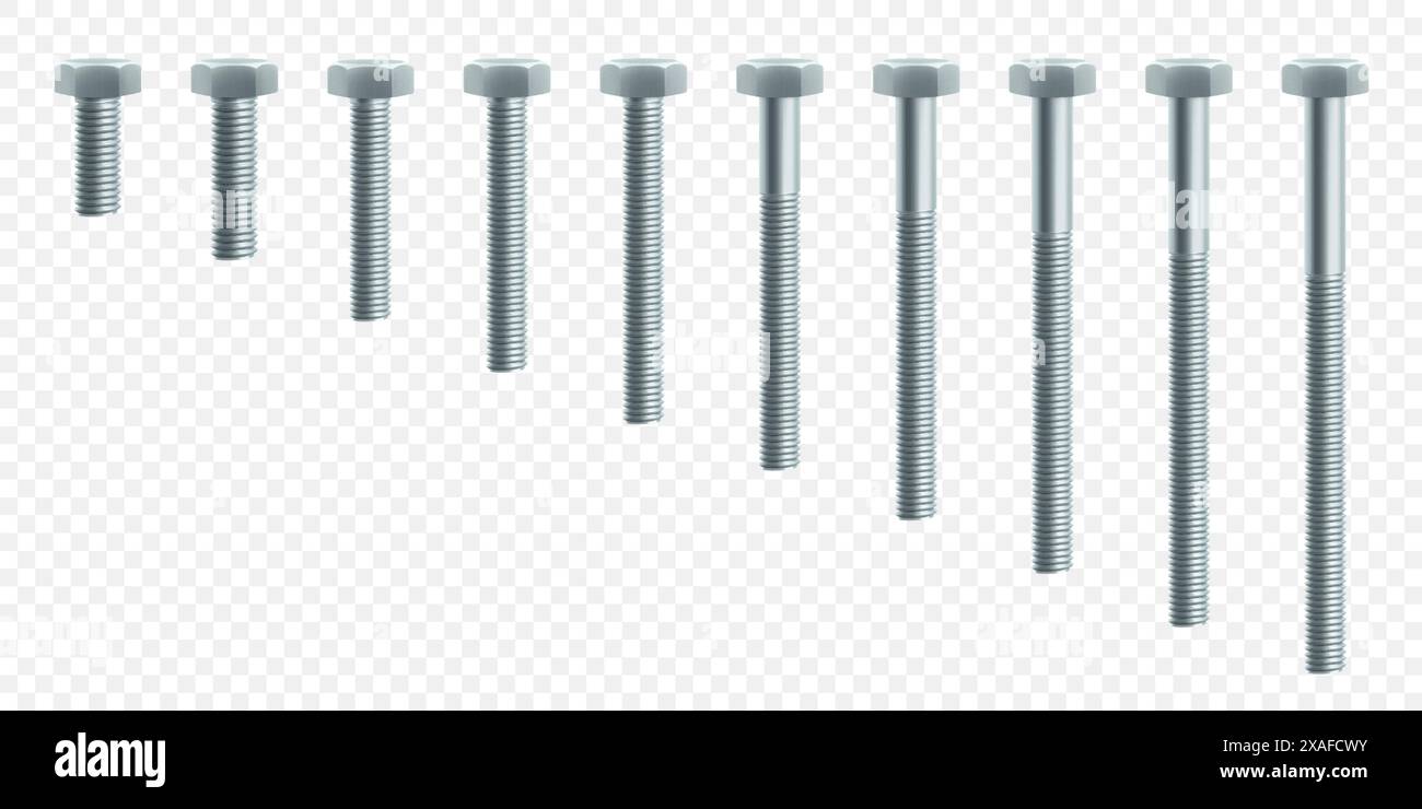 Set of steel bolts and hex nut isolated on white background. stainless ...