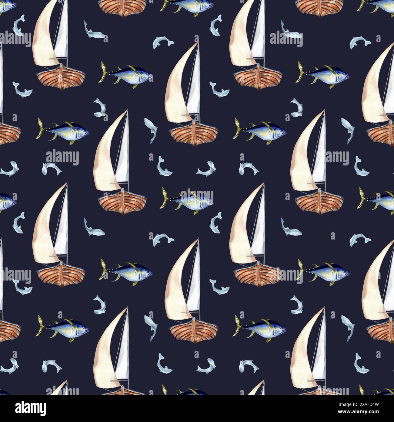 Sailing ship in watercolor nautical pattern isolated. Sail vessel and ...