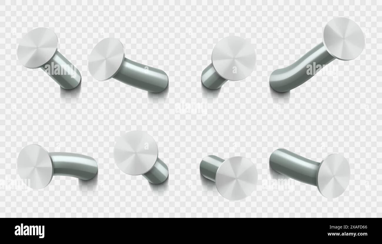 Set of metal nails hammered in wall bend with round steel caps top and ...