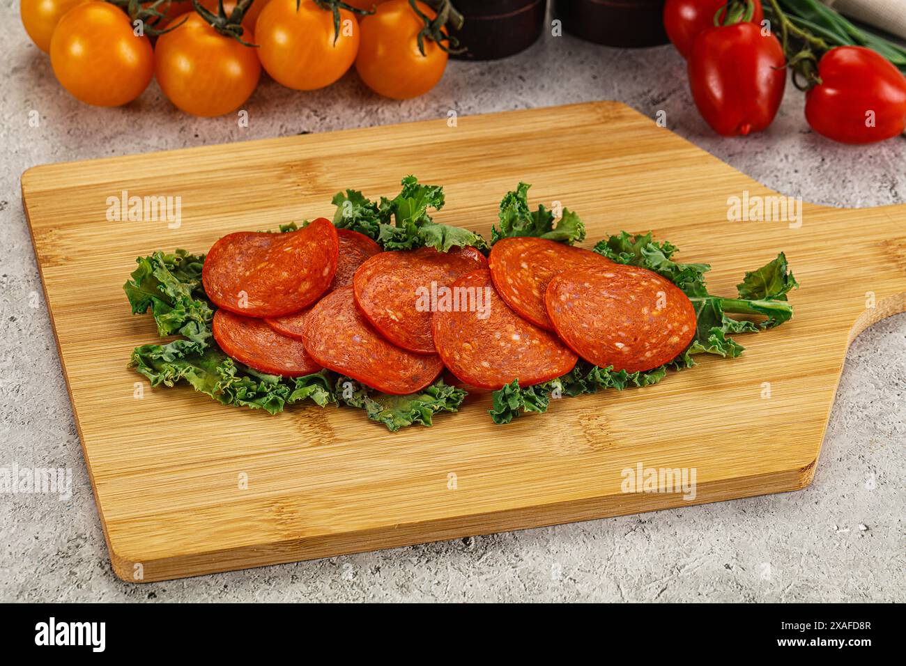 Spanish salami cured chorizo sausage slices Stock Photo - Alamy